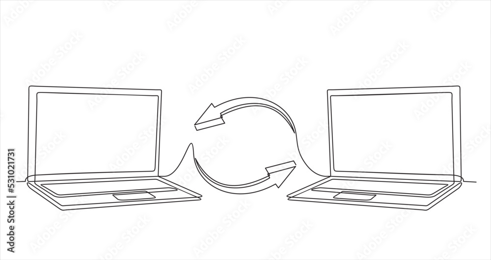 File transfer.Continuous line drawing of Two laptops with folders on ...