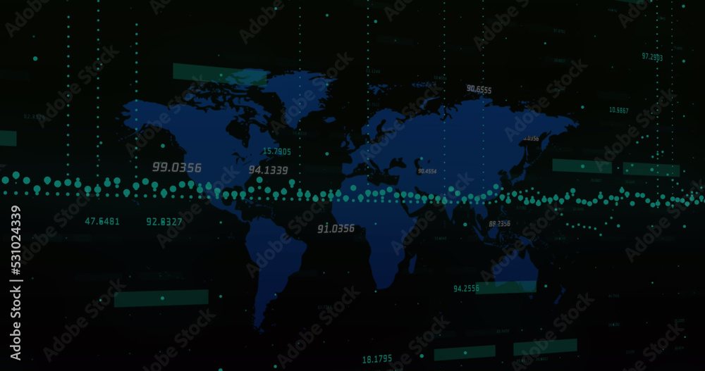 Image of scope scanning with padlock icon over data processing and world map on black background ...
