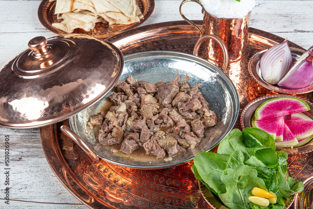 Turkish Food Et Kavurma. Meat Saute Turkish Et sote on black ground ...