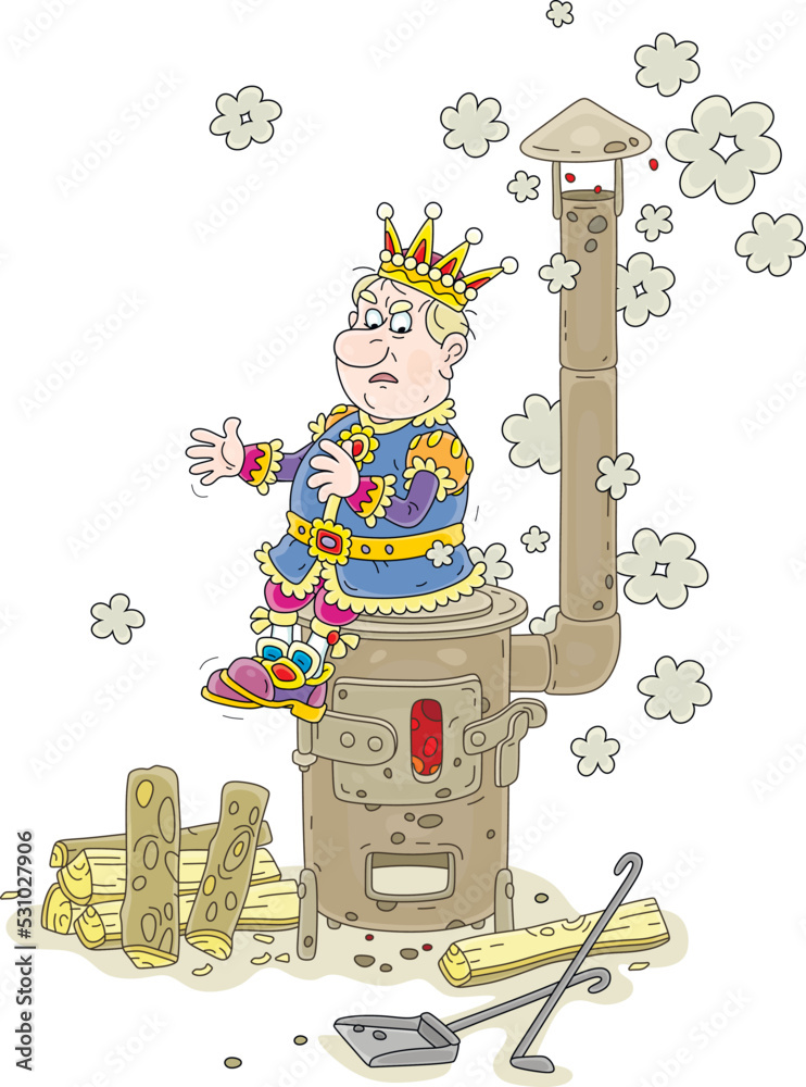 Freezing angry king warming himself on a small wood-burned stove with a ...
