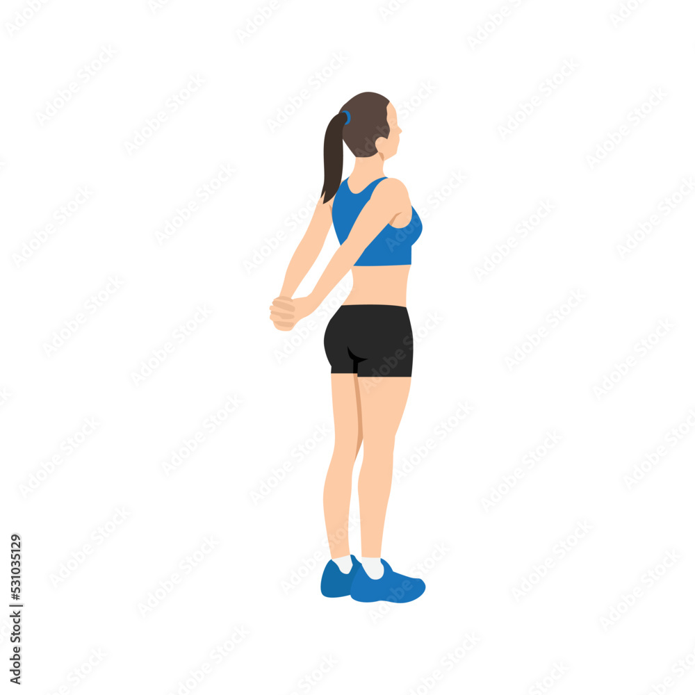 Woman doing reverse shoulder stretch exercise. Flat vector illustration ...