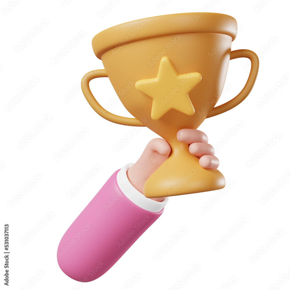 Minimal hand holding a winner trophy award isolated on white background ...