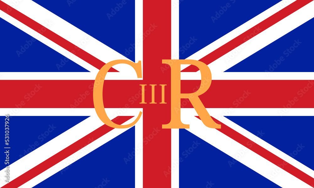 Royal Cypher of King Charles III on British flag. New British monarch ...