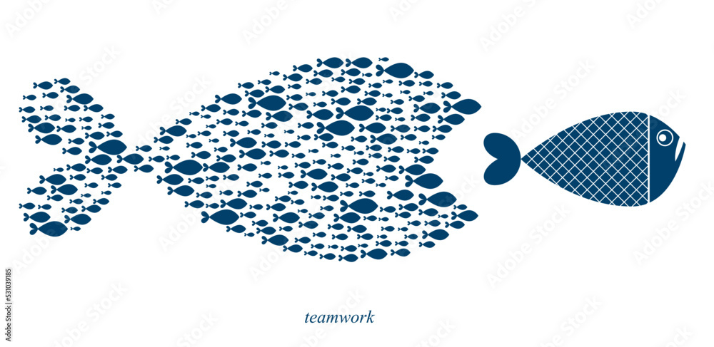 Teamwork concept a lot of small fishes creates team in a shape of big ...