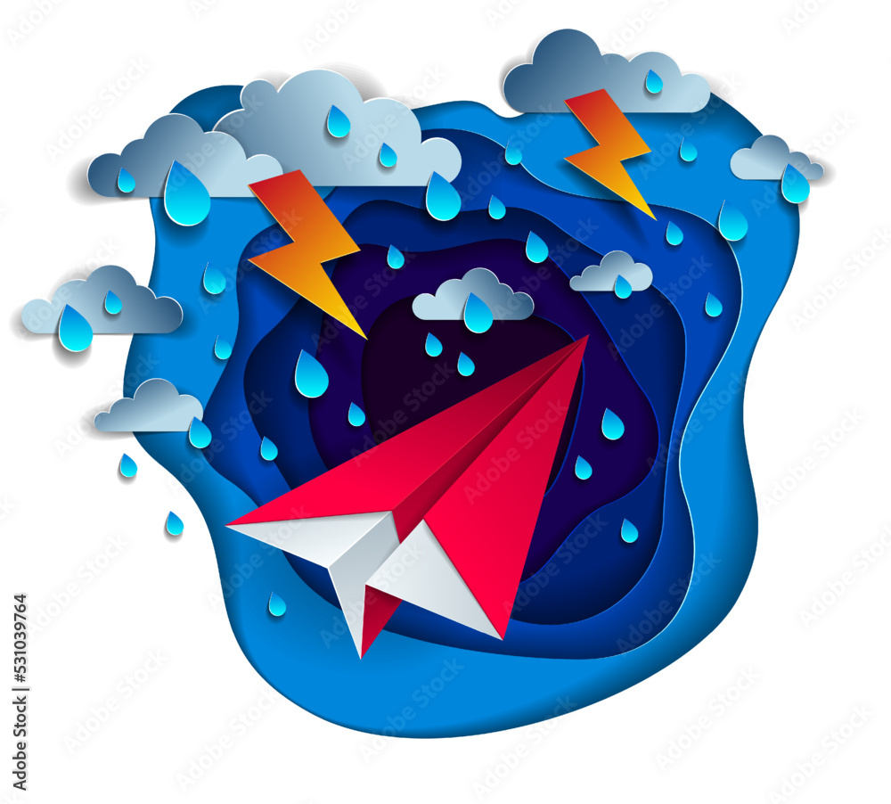 Origami paper plane toy flying in thunderstorm with lightning, dramatic ...