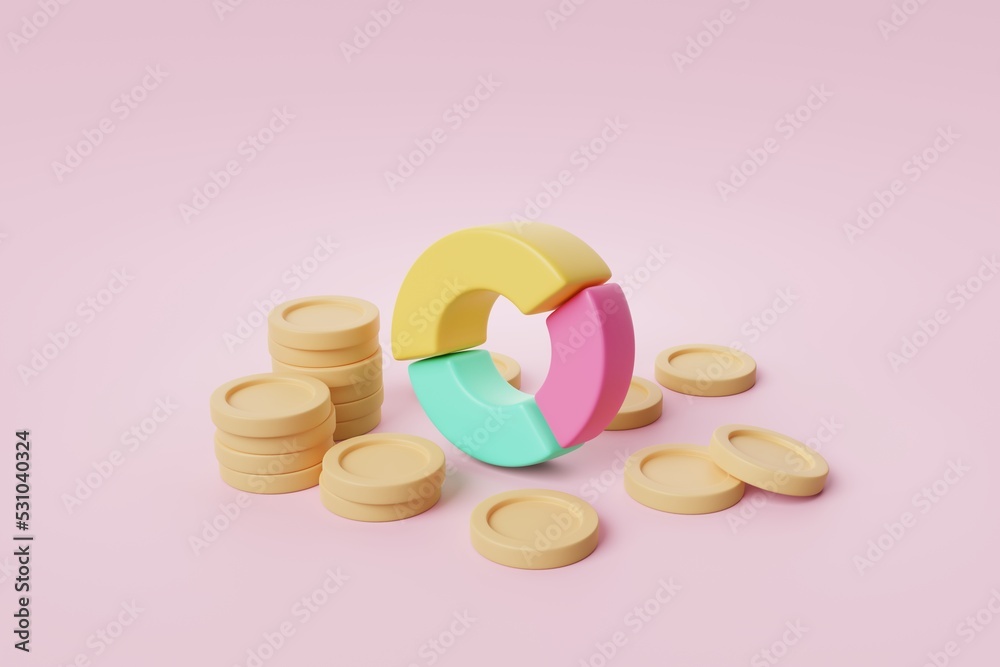 Pie chart graph with money stacking coin on pink background. Business ...