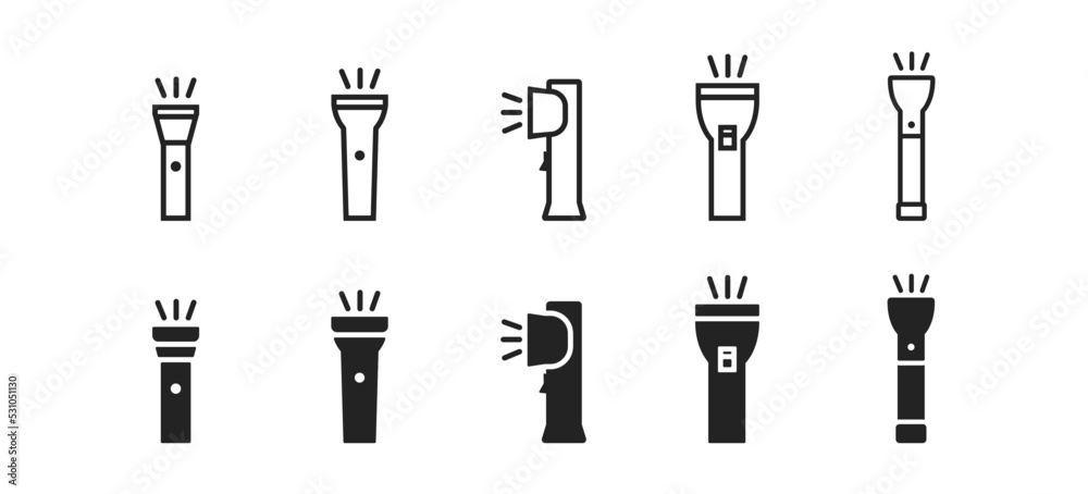 Flashlight icon set on light background. Portable tool. Flash symbol ...