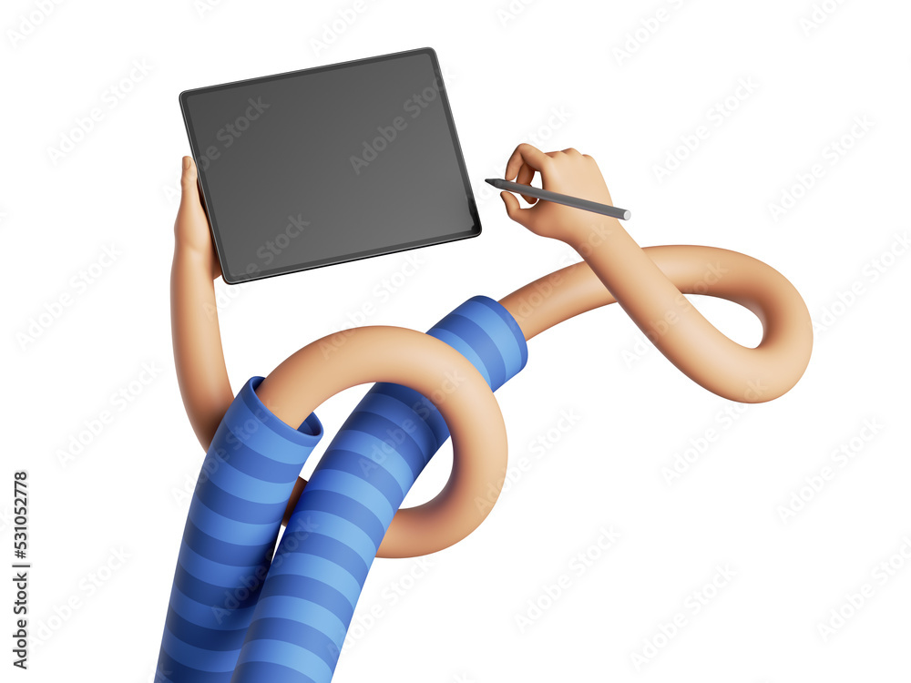 3d render, funny cartoon flexible tangled hands hold digital pen and ...