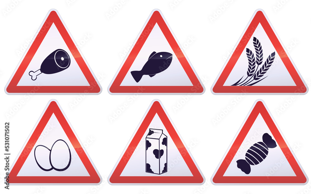 Collection of white,red and black triangular food hazard sign with the ...