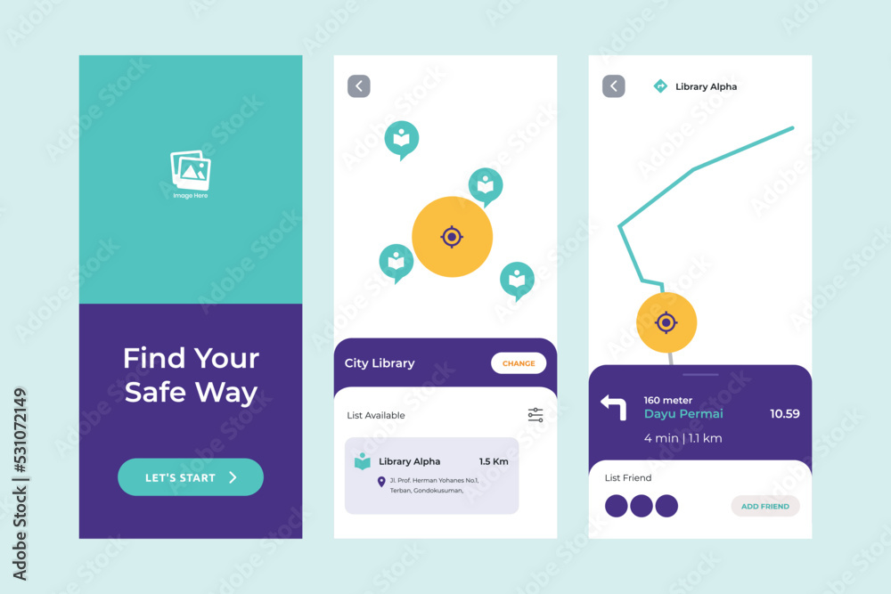 Map way ui design template vector. Layout app mobile developer ...