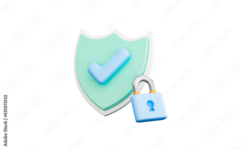 security shield check mark with lock sign 3d render concept for cyber ...