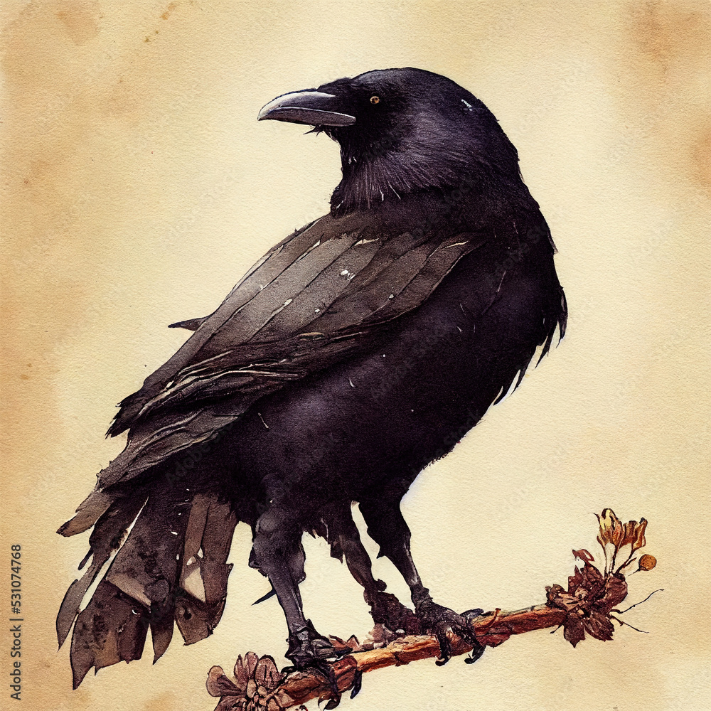 Crow illustration. Black raven watercolor painting. Vintage artwork ...
