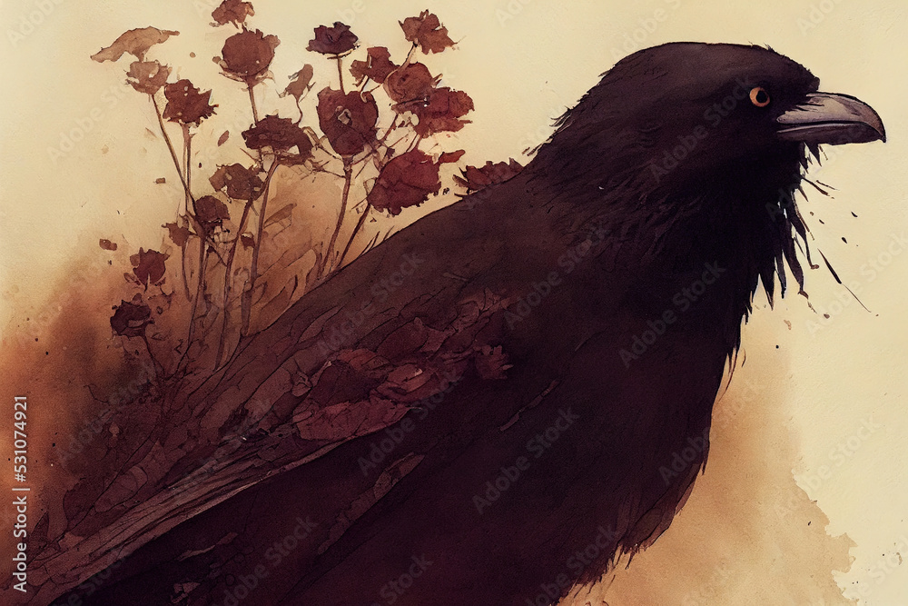 Crow illustration. Black raven watercolor painting. Vintage artwork ...