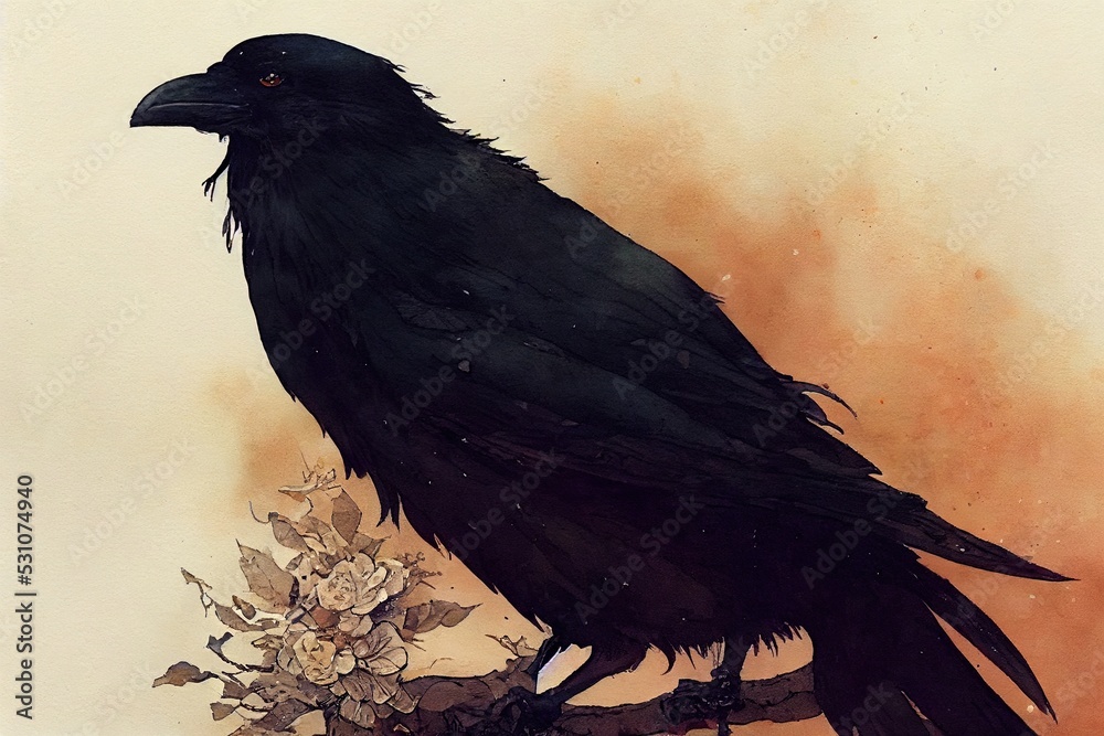 Crow illustration. Black raven watercolor painting. Vintage artwork ...