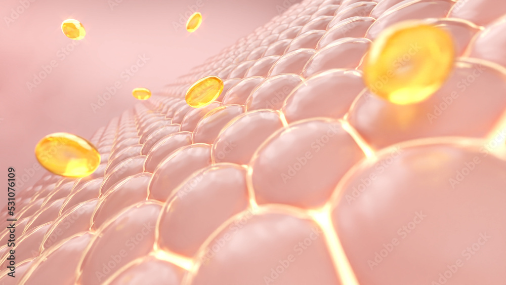 Vitamin serum drop on face cell treatment saggy skin. 3D rendering ...