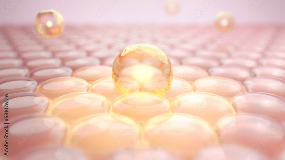 Gold bubble with light on skin cell on pink background. 3D illustration ...