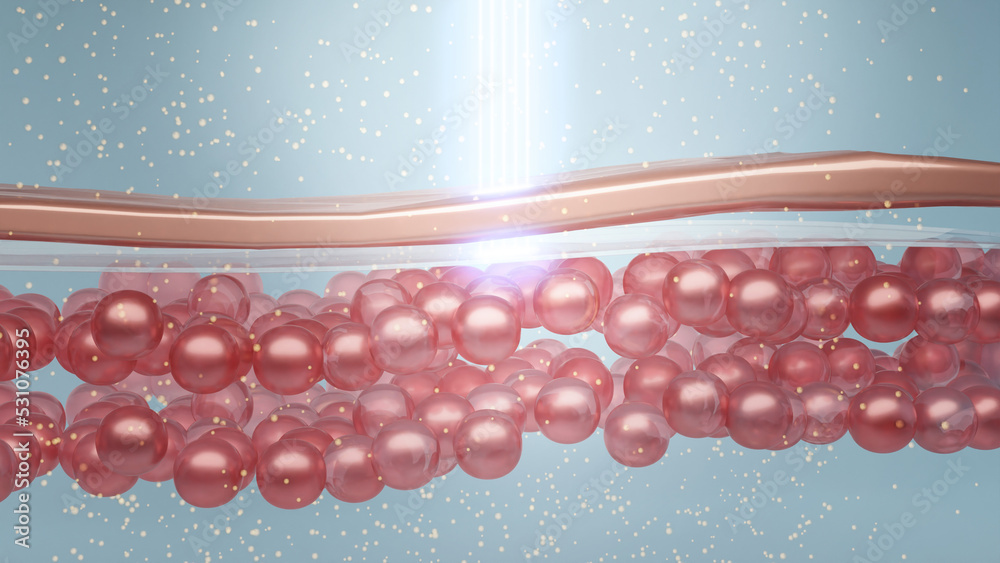 Laser light shot through skin cell to stimulate collagen production ...