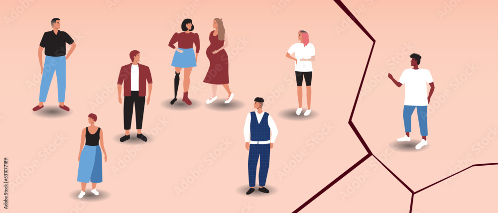 Group of people and alone african man, gap between, flat vector stock ...