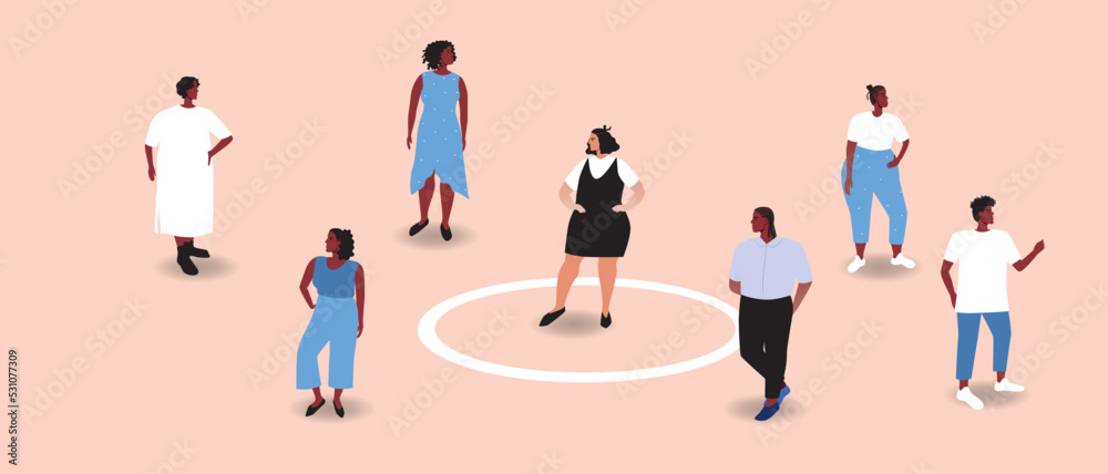 Overweight woman introvert and crowd of people as personal boundaries ...