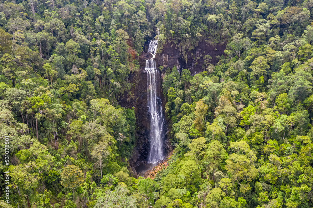 An aerial view of Tawai Waterfall, the biggest waterfall in the Heart ...