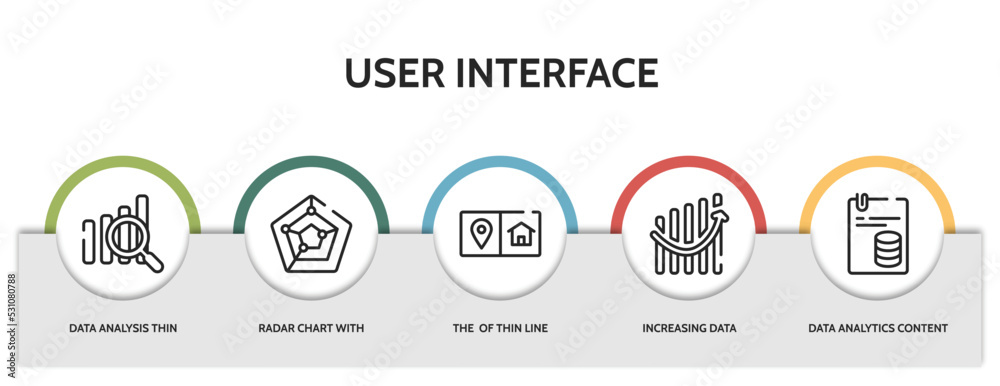 set of 5 thin line user interface icons with infographic template. outline icons including data ...