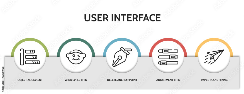 set of 5 thin line user interface icons with infographic template. outline icons including ...
