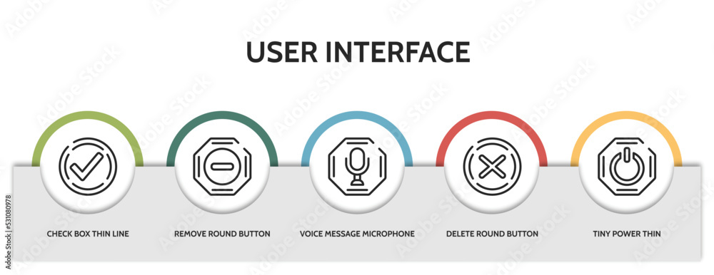 set of 5 thin line user interface icons with infographic template. outline icons including check ...