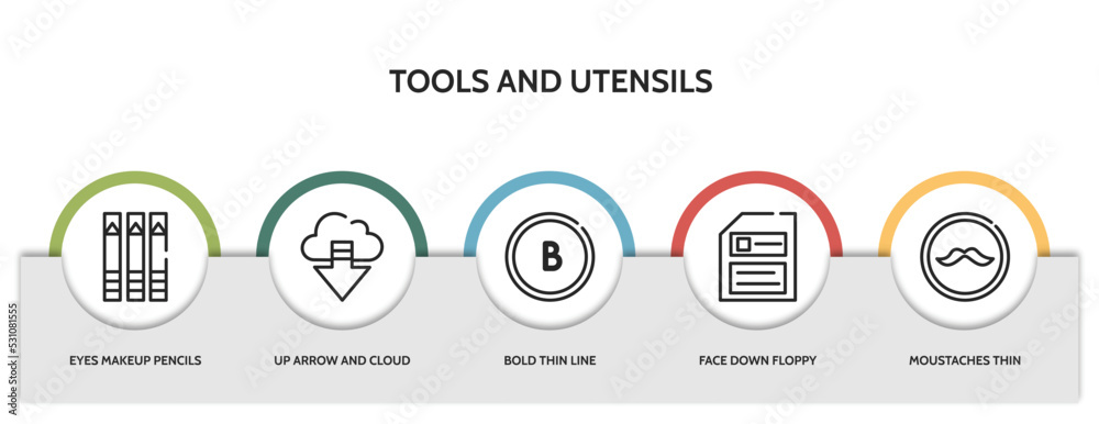 set of 5 thin line tools and utensils icons with infographic template ...