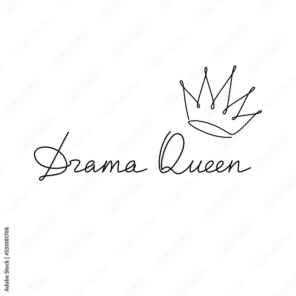 One line continuous slogan Drama Queen with crown linear icon. Vector ...