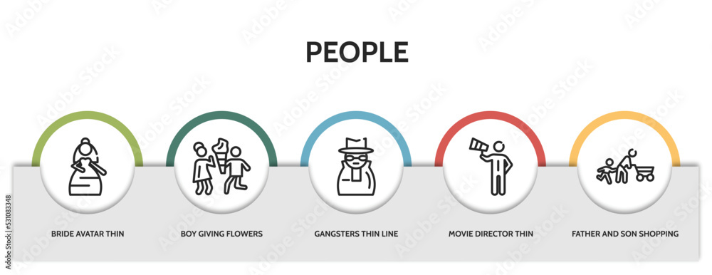 set of 5 thin line people icons with infographic template. outline ...
