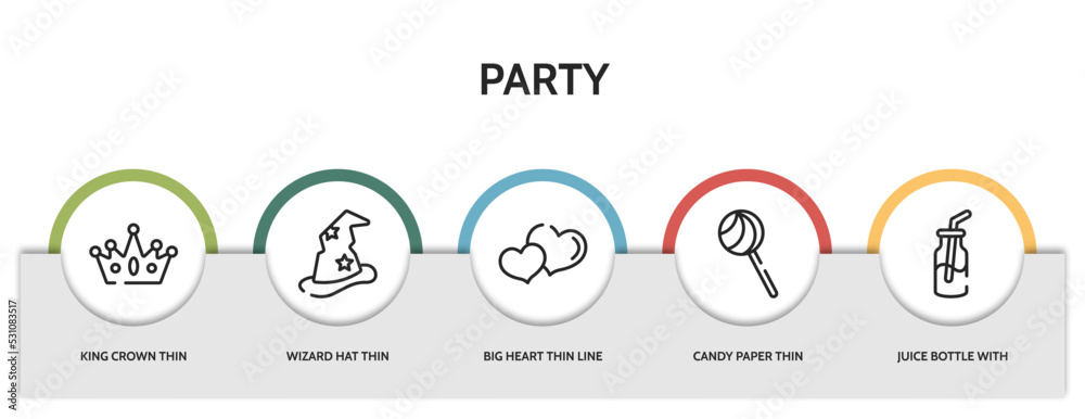 set of 5 thin line party icons with infographic template. outline icons ...