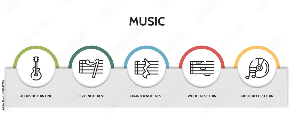 set of 5 thin line music icons with infographic template. outline icons ...