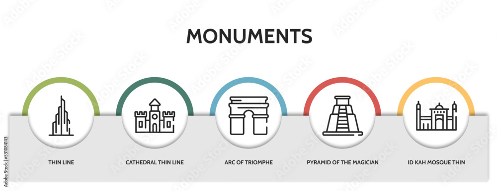 set of 5 thin line monuments icons with infographic template. outline ...