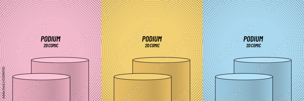 Set of round stand podium with black lines in cartoon comic style ...