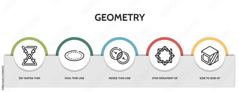 set of 5 thin line geometry icons with infographic template. outline ...