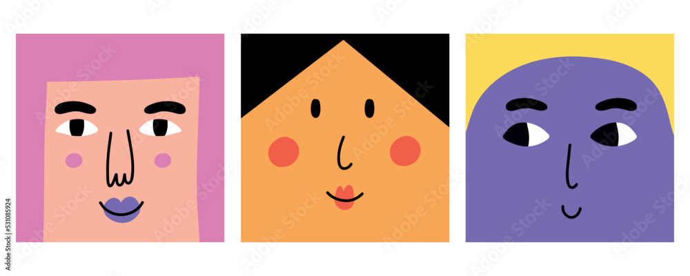 Abstract square faces. Funny cartoon characters with different emotions ...