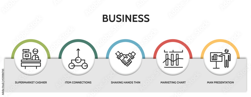set of 5 thin line business icons with infographic template. outline icons including supermarket ...