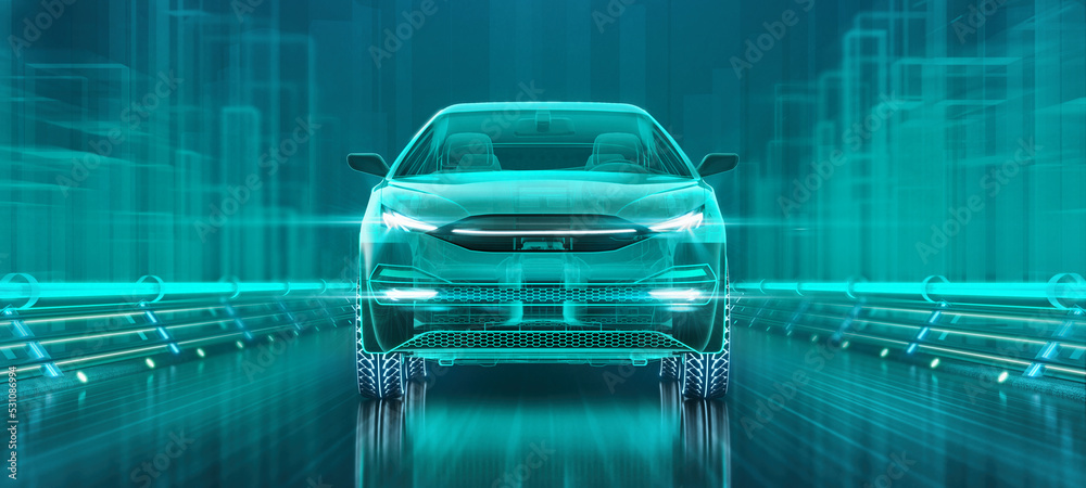 Riding wireframe car concept on the road and futuristic city around ...