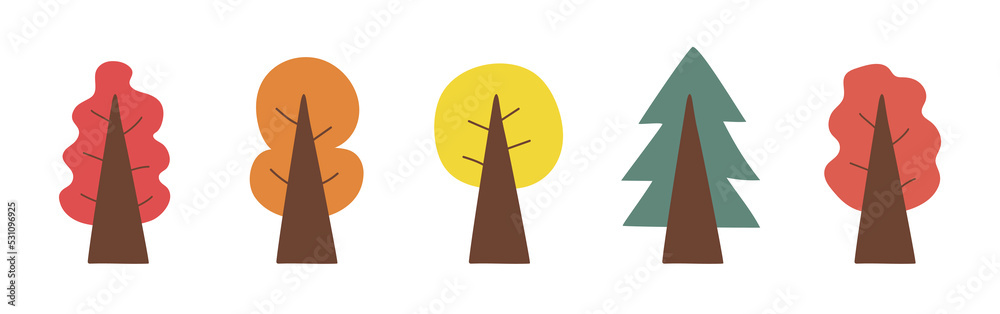 Autumn trees set. Cartoon doodle trees. Trees with yellow and red ...