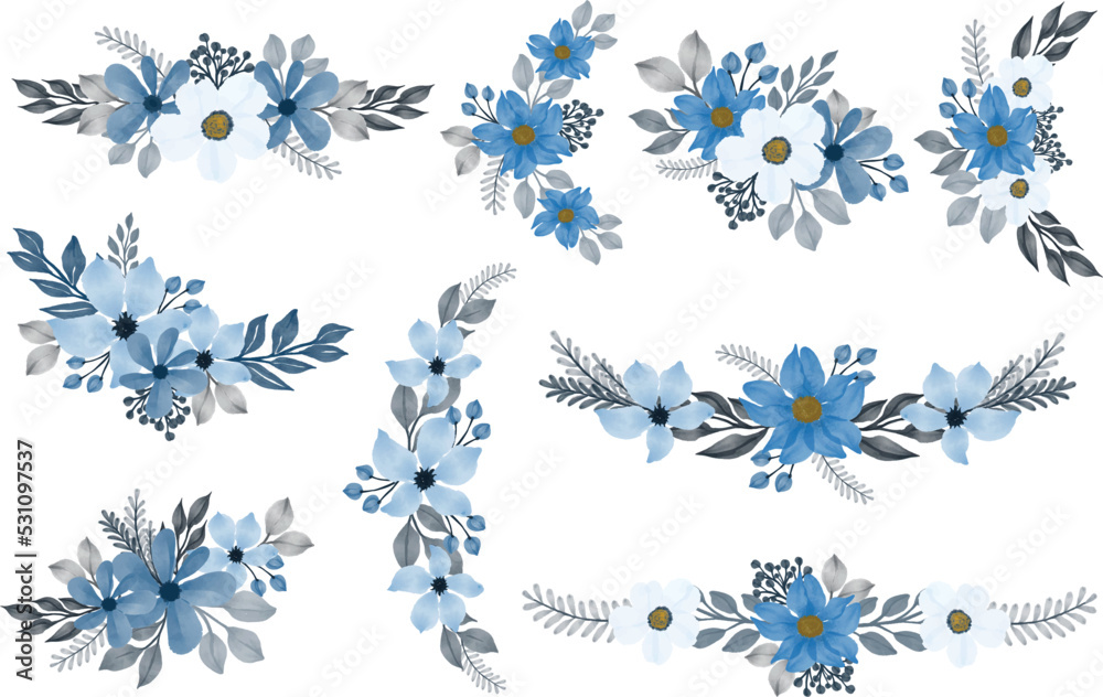set of blue watercolor floral frame for wedding card Stock Vector ...
