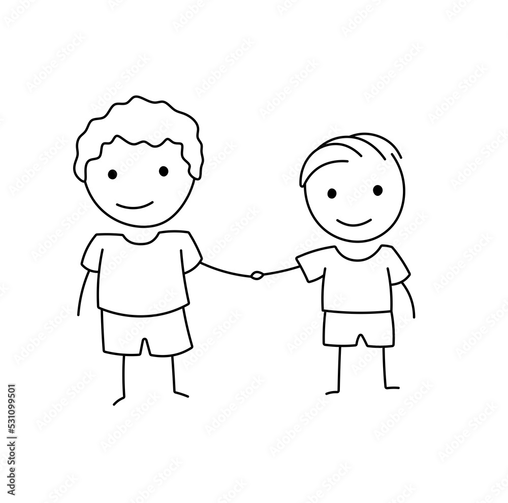 Vector isolated two stick figure kids two boys holding hands colorless ...