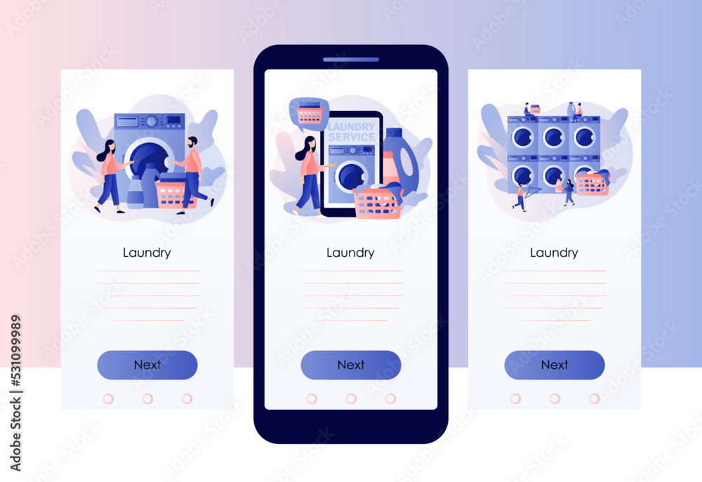 Laundry service. Tiny people laundry in washing machine. Laundromat ...