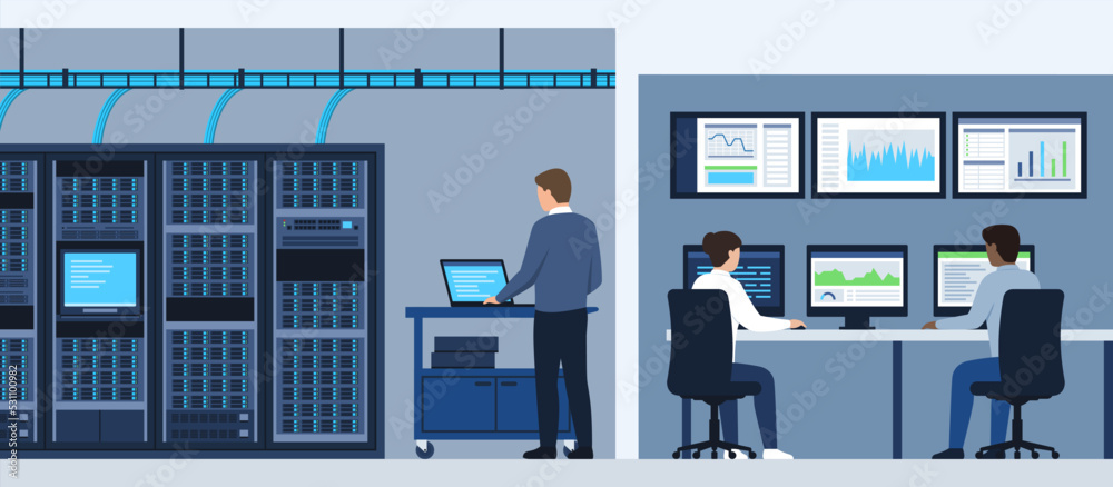Specialists working in a data center Stock Vector | Adobe Stock