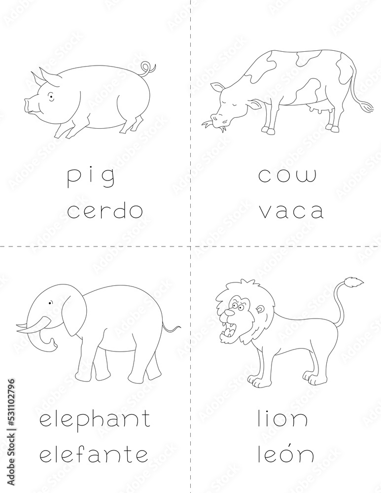 common farm and wild animals in spanish and english. coloring page for ...