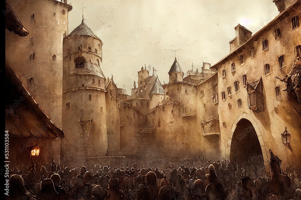 Medieval fantasy castle illustration. Watercolor painting of imaginary ...