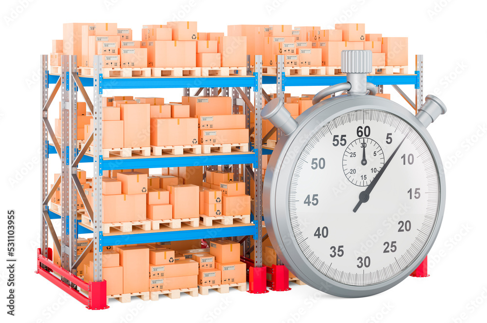 Double pallet rack with parcels and stopwatch. 3D rendering Stock ...