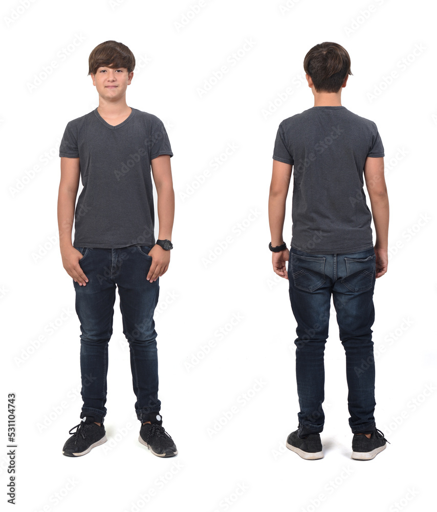front and back view of a same teenage boy standing on white background ...