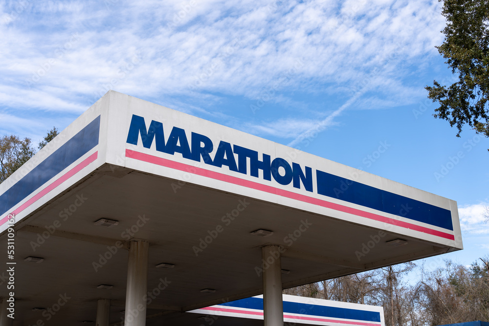 Mobile, Alabama, USA - February 11, 2022: Marathon gas station sign is ...