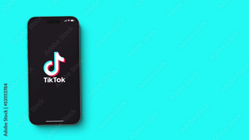 Tik Tok app on the smartphone iPhone 14 Pro screen. Blue background ...