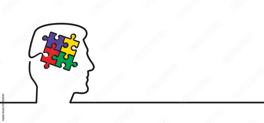 Head, face and jigsaw puzzle pieces. Cartoon autism ribbon. Vector ...